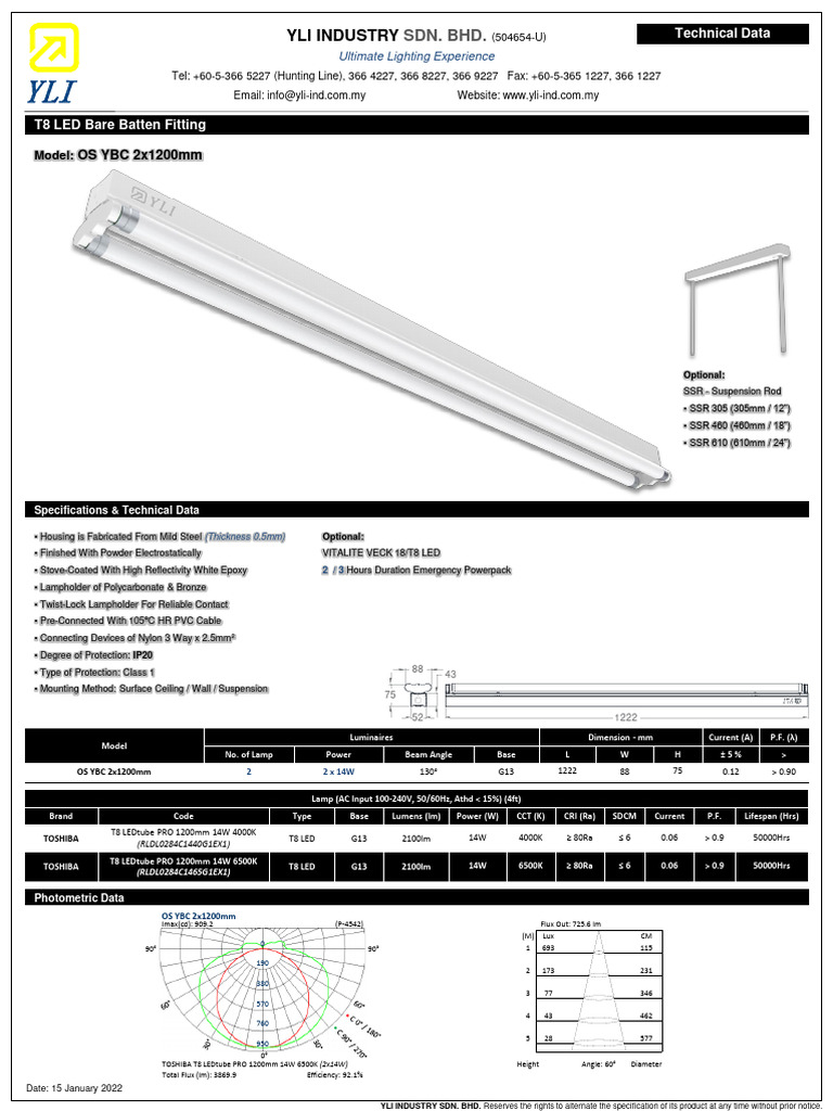 Data Sheet - OS YBC 2x1200mm - TOSHIBA T8 LED (PRO) - 14W - VECK - SSR ...