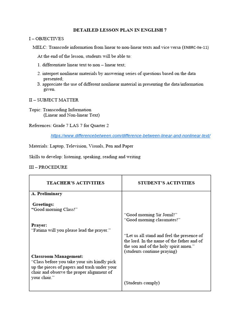 DETAILED LESSON PLAN IN ENGLISH 7 FOR COT | PDF | Chart | Notebook