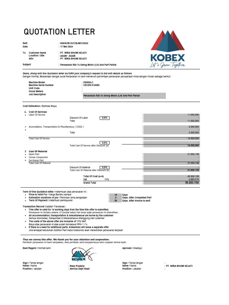 Quotation May 2024 - R&I 1x Swing Motor (LH) and Part Partial - PT ...