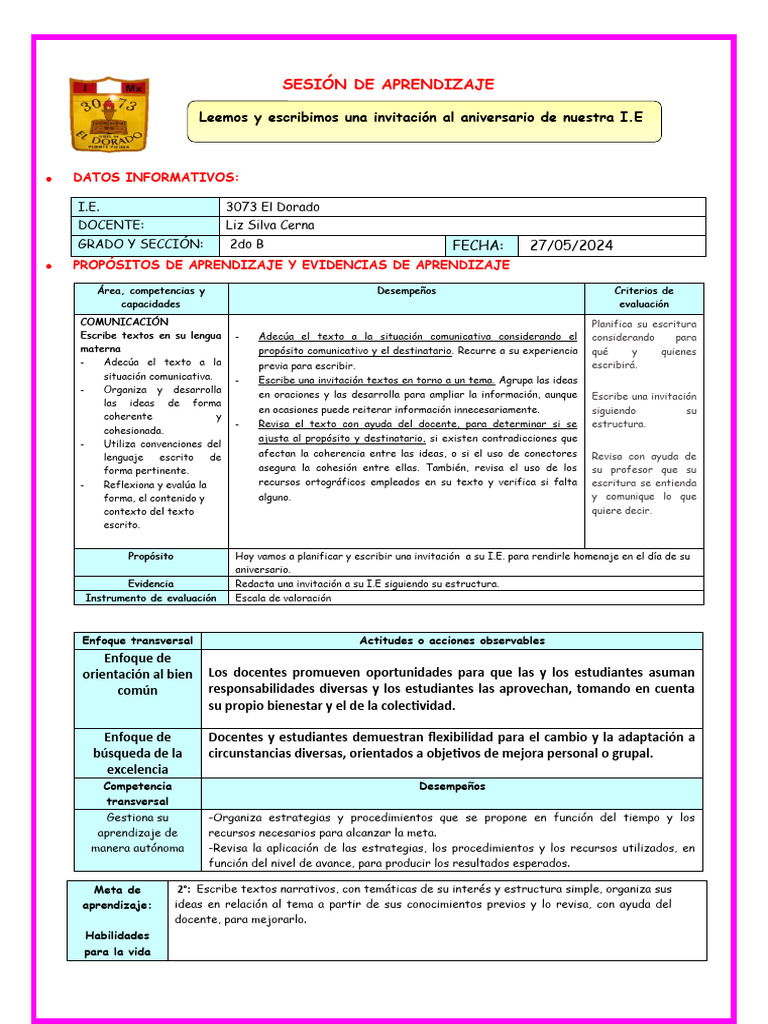2º U2 S5 Sesion D3 Com Escribimos Una Invitacion | PDF | Aprendizaje ...