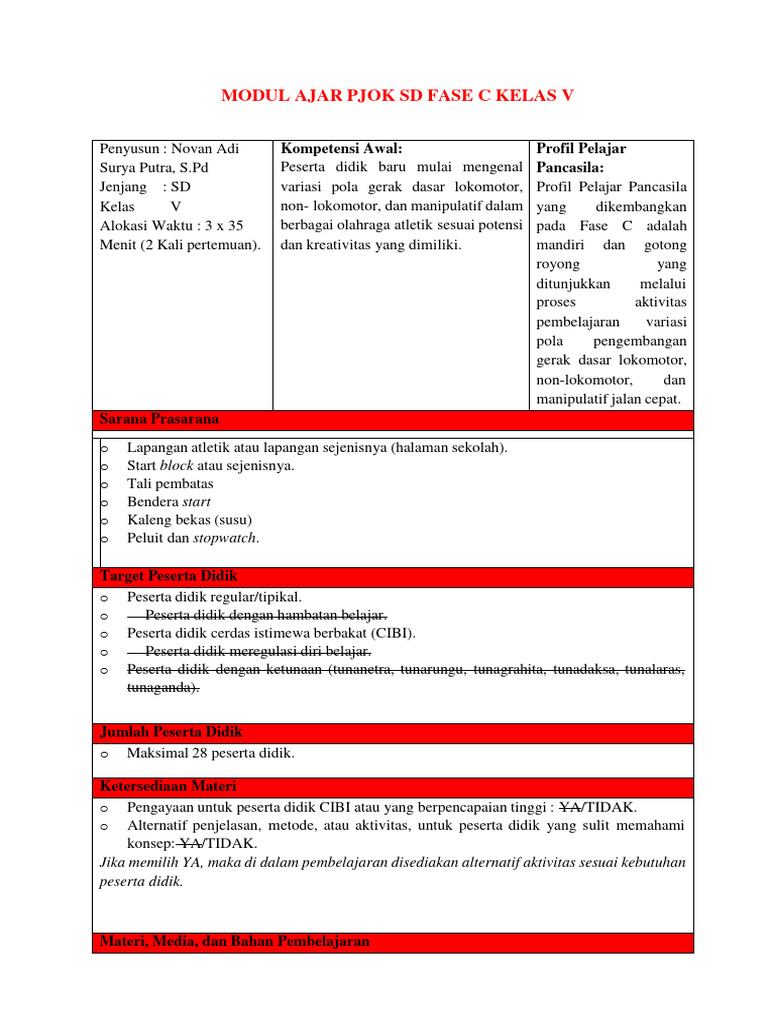 Modul Ajar Kelas 5 Pjok Novan | PDF