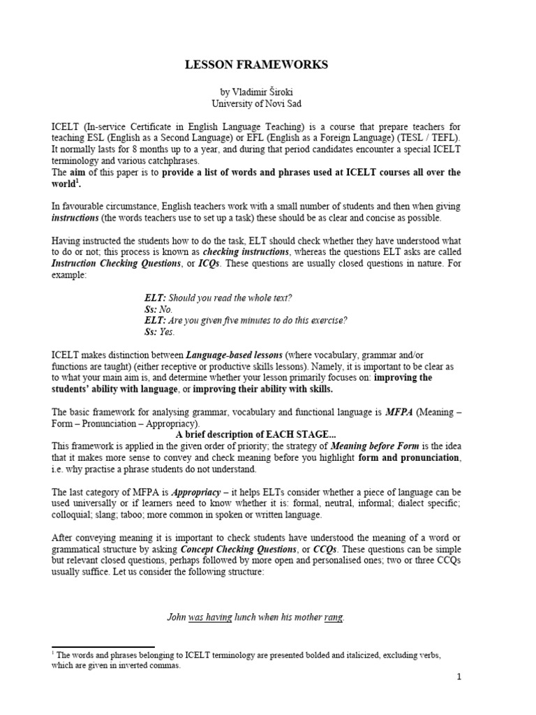 Lesson Frameworks Pdf English As A Second Or Foreign Language