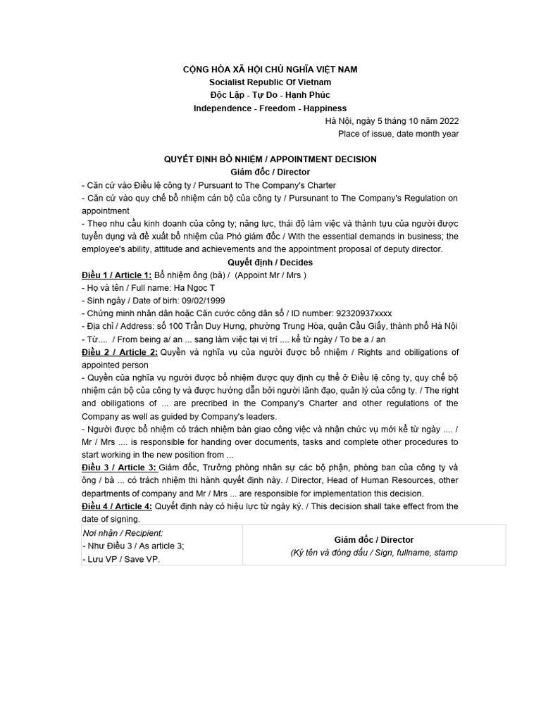 Mau Quyet Dinh Bo Nhiem Tieng Anh | PDF