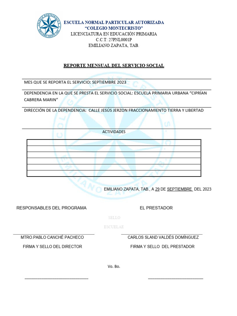 Reporte Mensual Del Servicio Social: Licenciatura en Educación Primaria ...