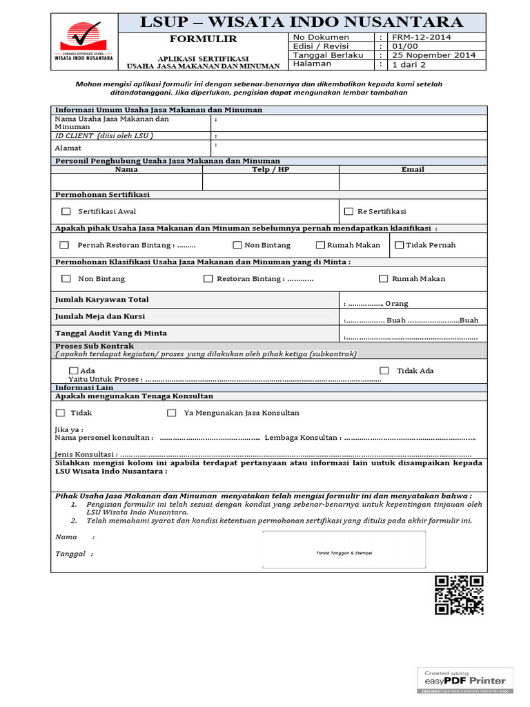Formulir - Aplikasi Sertifikasi Usaha - Restoran | PDF