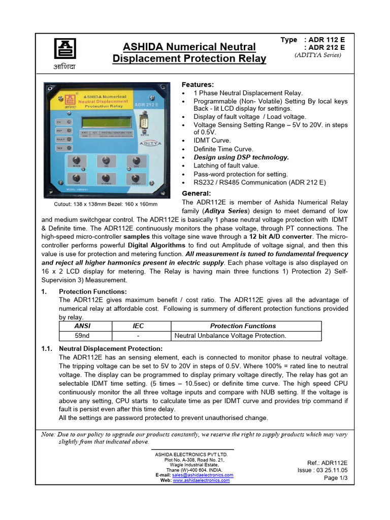 ADR112E Neutral Displacement Relay | PDF | Relay | Phase (Waves)