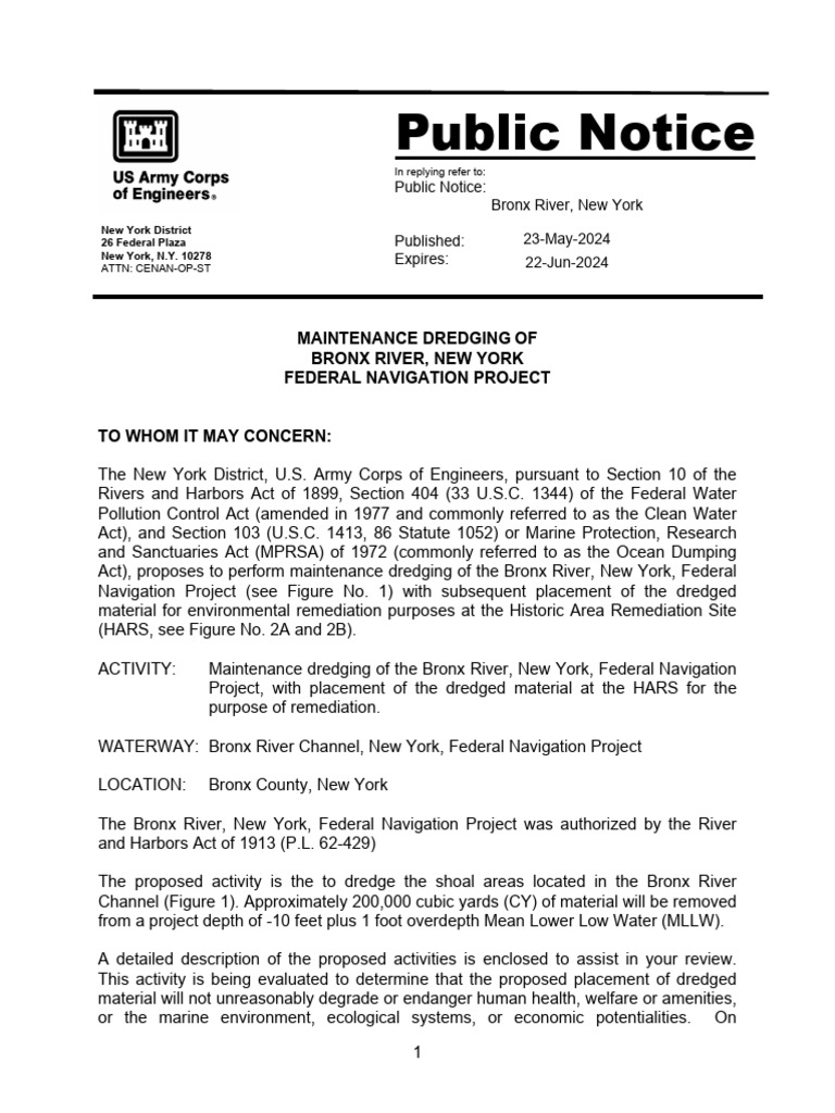 Bronx River NY - Public Notice | PDF | Dredging | Environmental Remediation