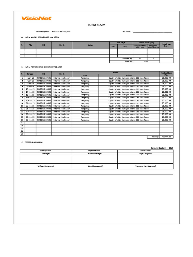 Contoh Formulir Klaim Karyawan | PDF