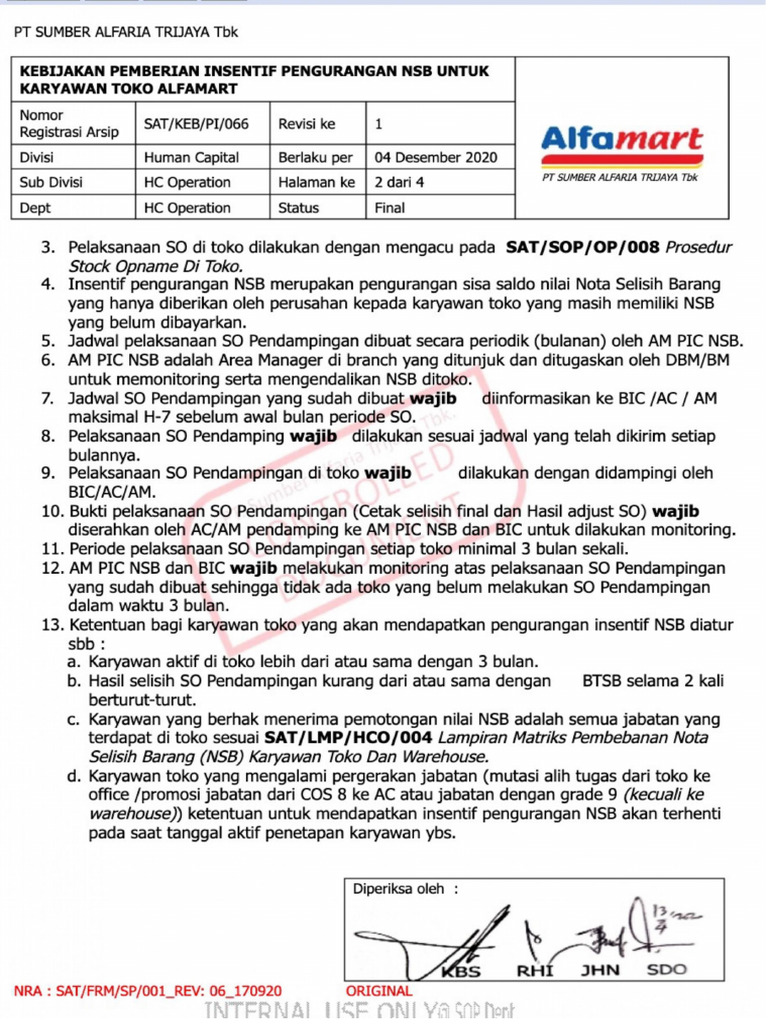 KEBIJAKAN PEMBERIAN INSENTIF PENGURANGAN NSB UNTUK KARYAWAN TOKO ALFAMART | PDF