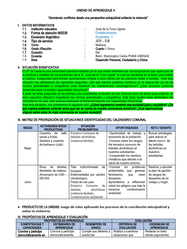 04 Unidad de Aprendizaje 2 DPCC - 4° 2024 | PDF | Aprendizaje | Evaluación