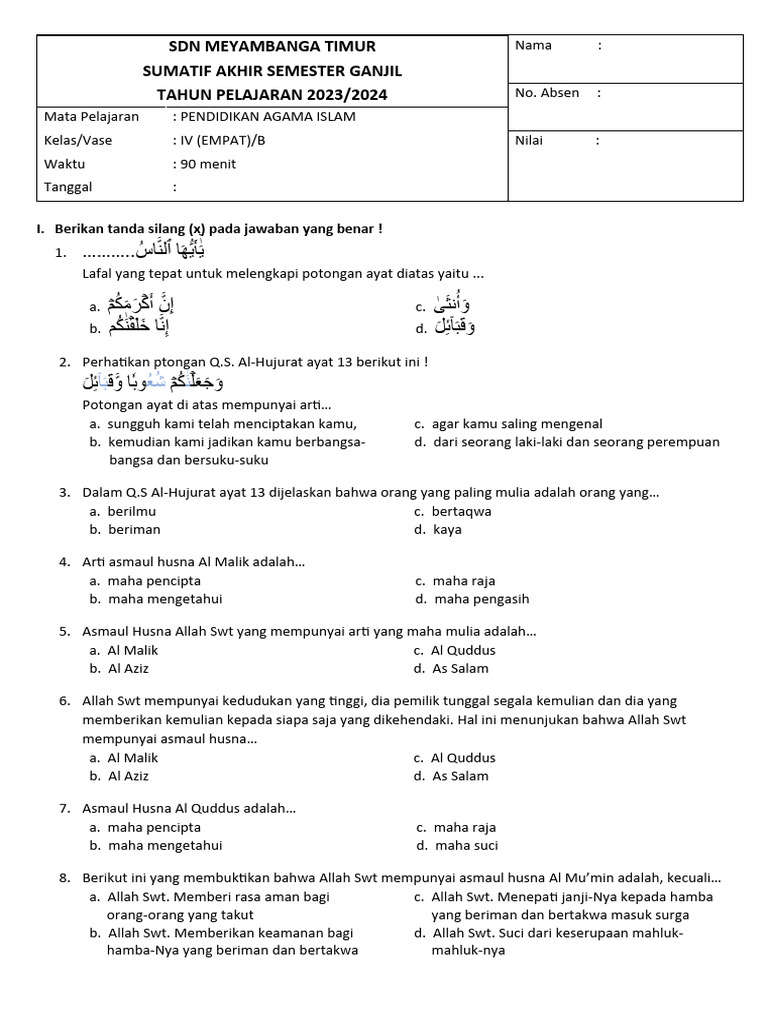 Soal Sas Pai SD Kelas 4 | PDF
