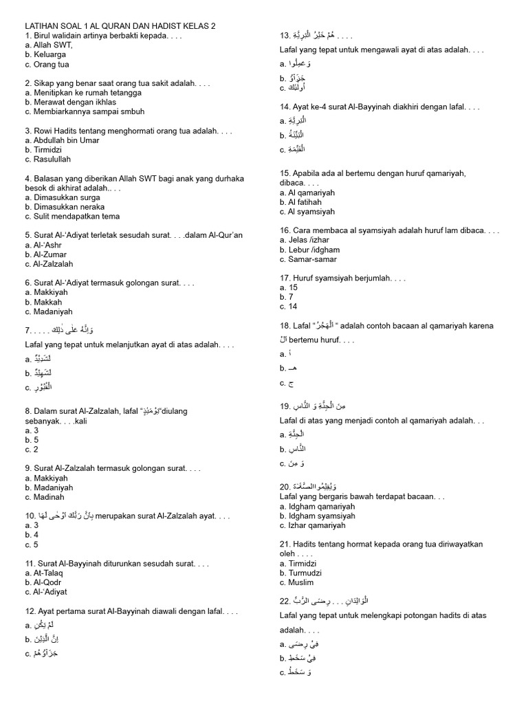 Latihan Soal 1 Al Quran Dan Hadist Kelas 2 Pas Genap | PDF