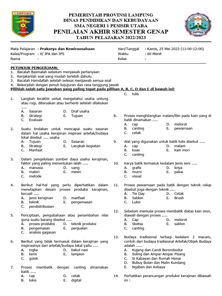 Soal Pat Pkwu X 2023 | PDF