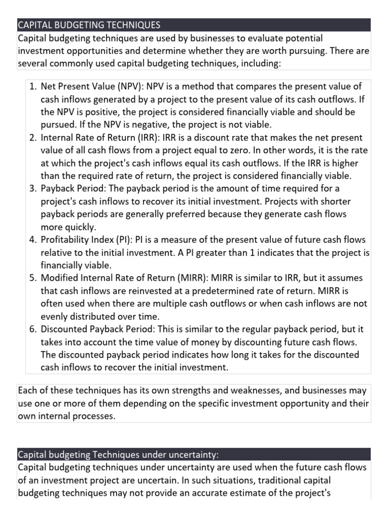 Capital Budgeting Techniques Explained Pdf Net Present Value