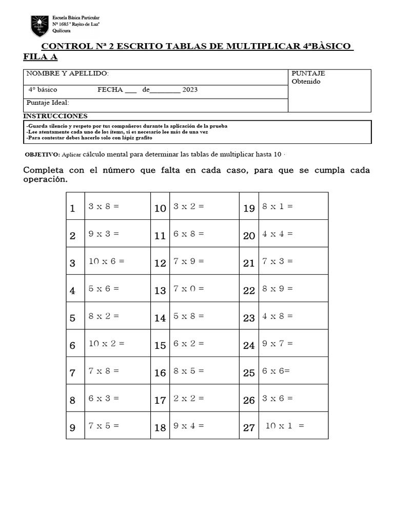 Control N 2-Tablas-De-Multiplicar Fila A | PDF
