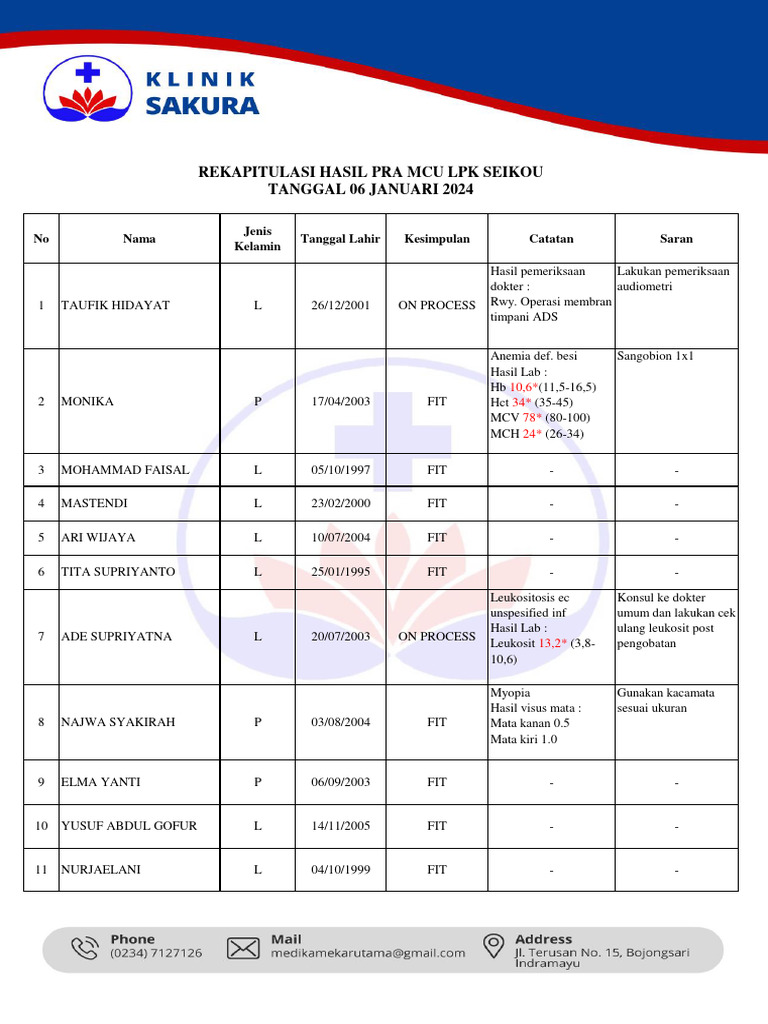 Rekap Hasil MCU 2024 JANUARI - PRA MCU SEIKOU 240106 UPDATE | PDF
