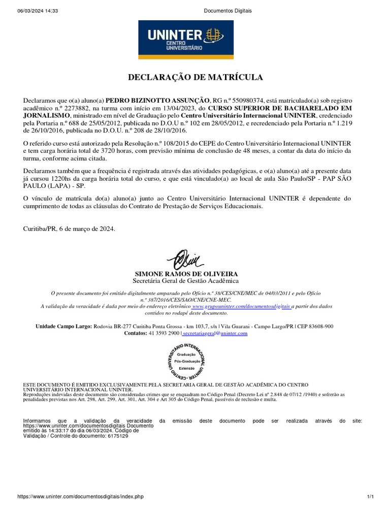 Comprovante de Matrícula Uninter | PDF