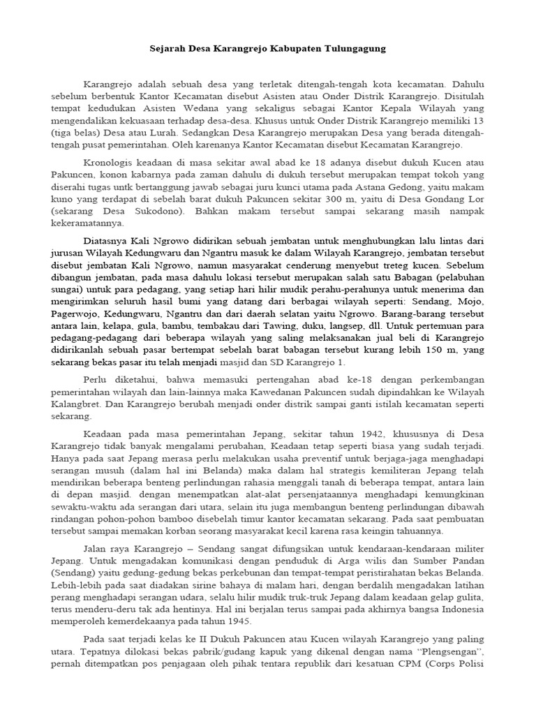 Sejarah Desa Karangrejo Kabupaten Tulungagung | PDF