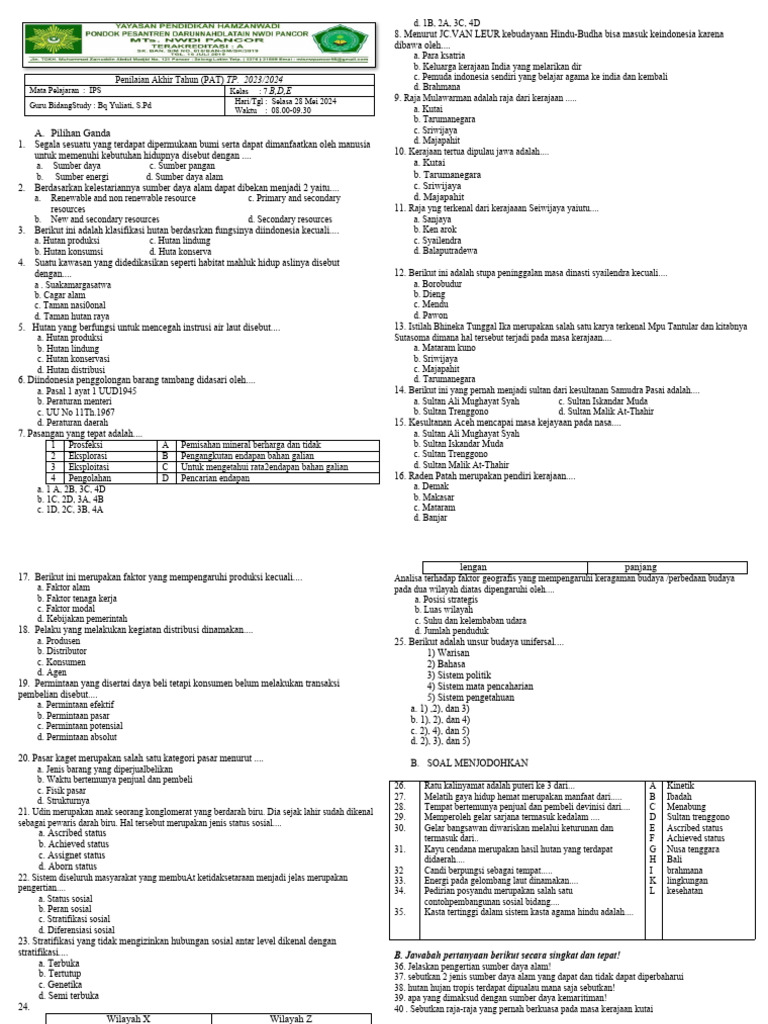 Format Soal Ips Kelas Vii Semester Genap | PDF