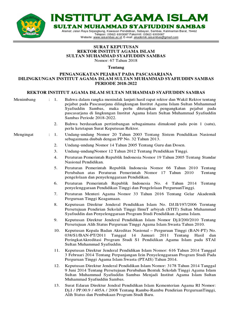 Pengangkatan Pejabat Pascasarjana IAIS Sambas | PDF