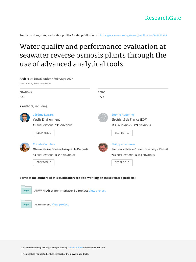Water Quality and Performance Evaluation at Seawat | PDF | Membrane ...