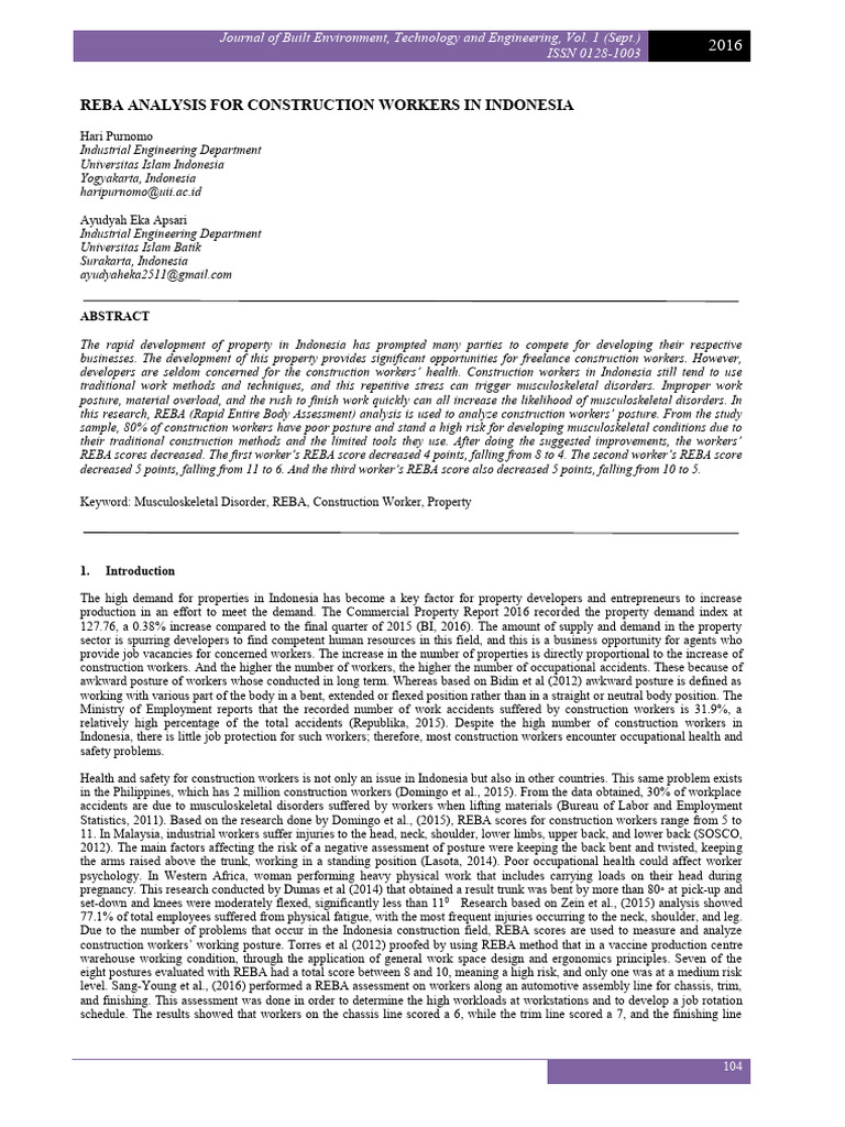 REBA Analysis For Construction Worker in Indonesia | PDF | Anatomical ...