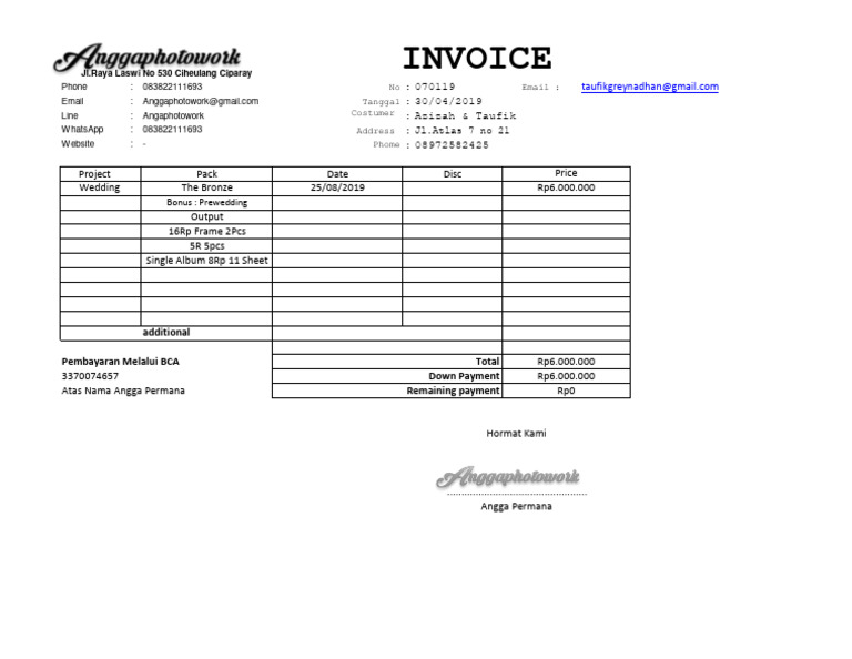 INVOICE ANGGAPHOTOWORK (Azizah Lunas) | PDF