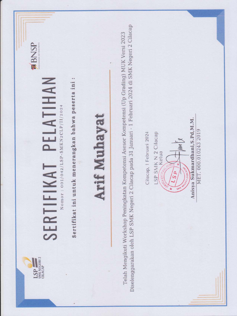 Sertifikat LSP Upgrade P1-Arif Muhayat | PDF