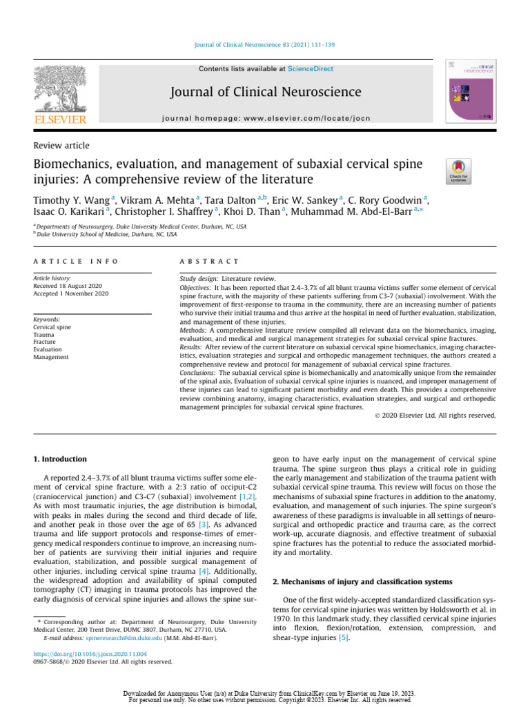 Biomechanics, Evaluation, and Management of Subaxial Cervical Spine ...