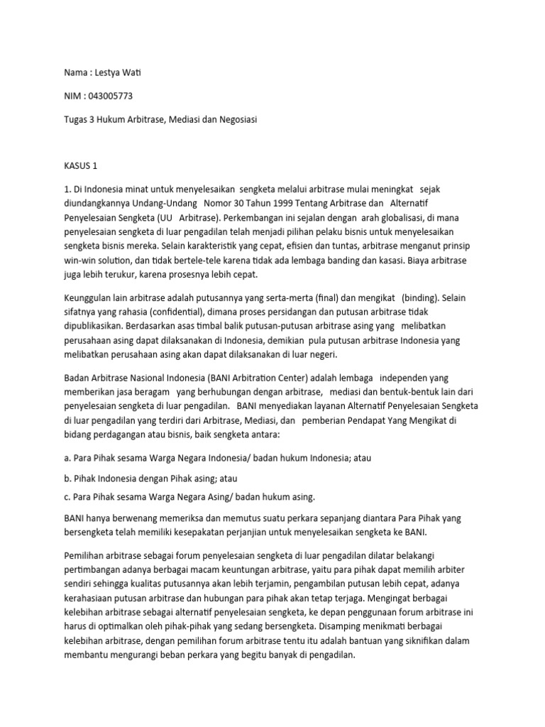 Tugas 3 Hukum Arbitrase | PDF | Pengelolaan Keuangan & Uang