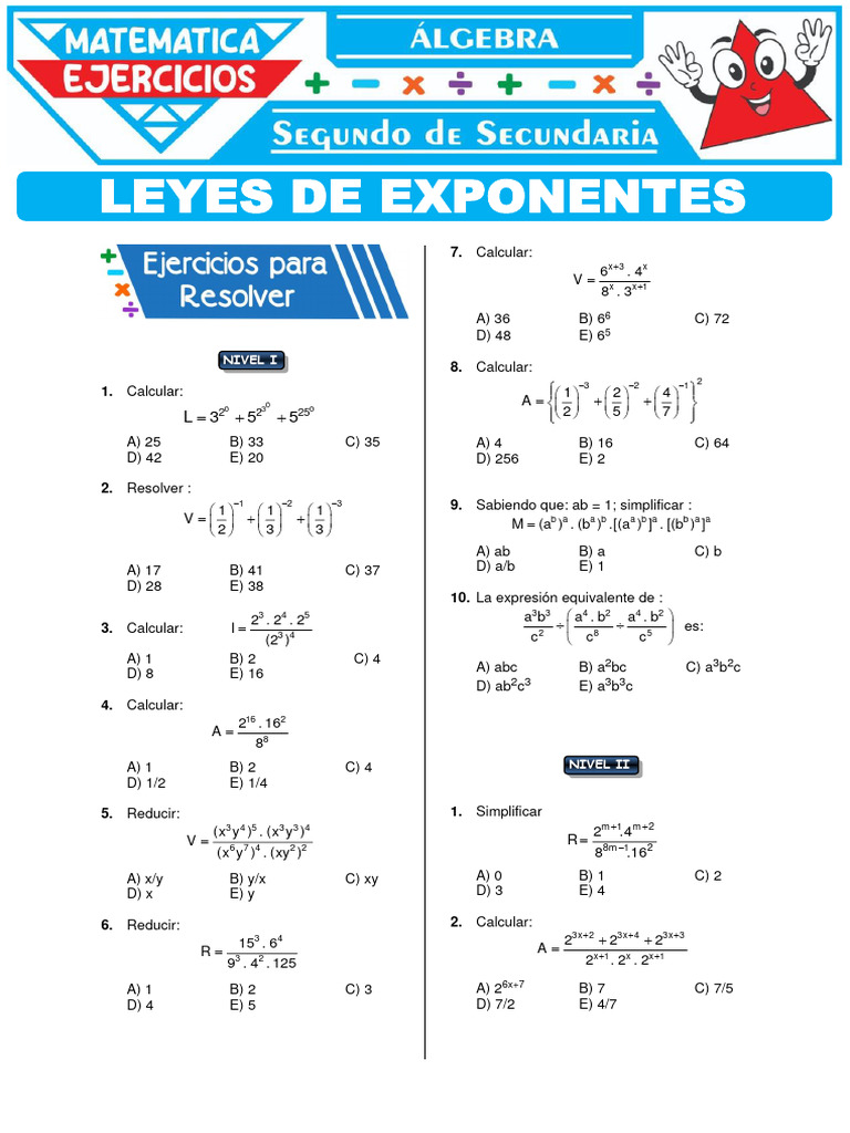 Leyes De Exponentes Para Segundo Grado De Secundaria Pdf