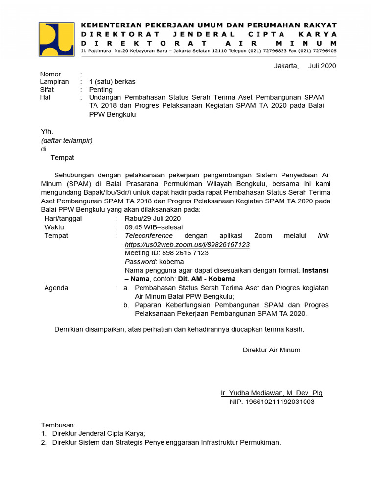 (DRAFT) Undangan Pembahasan Status Serah Terima Aset Pembangunan SPAM TA 2018 Dan Progres ...
