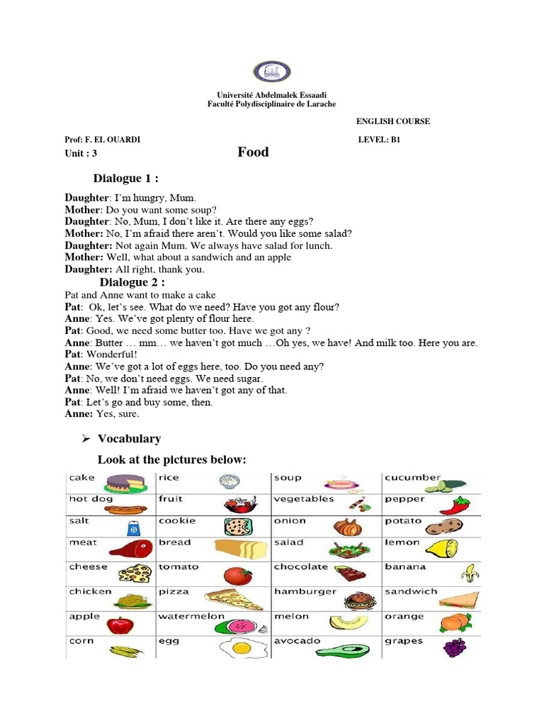 B1 English Course: Food & Grammar | PDF | Foods | Cuisine