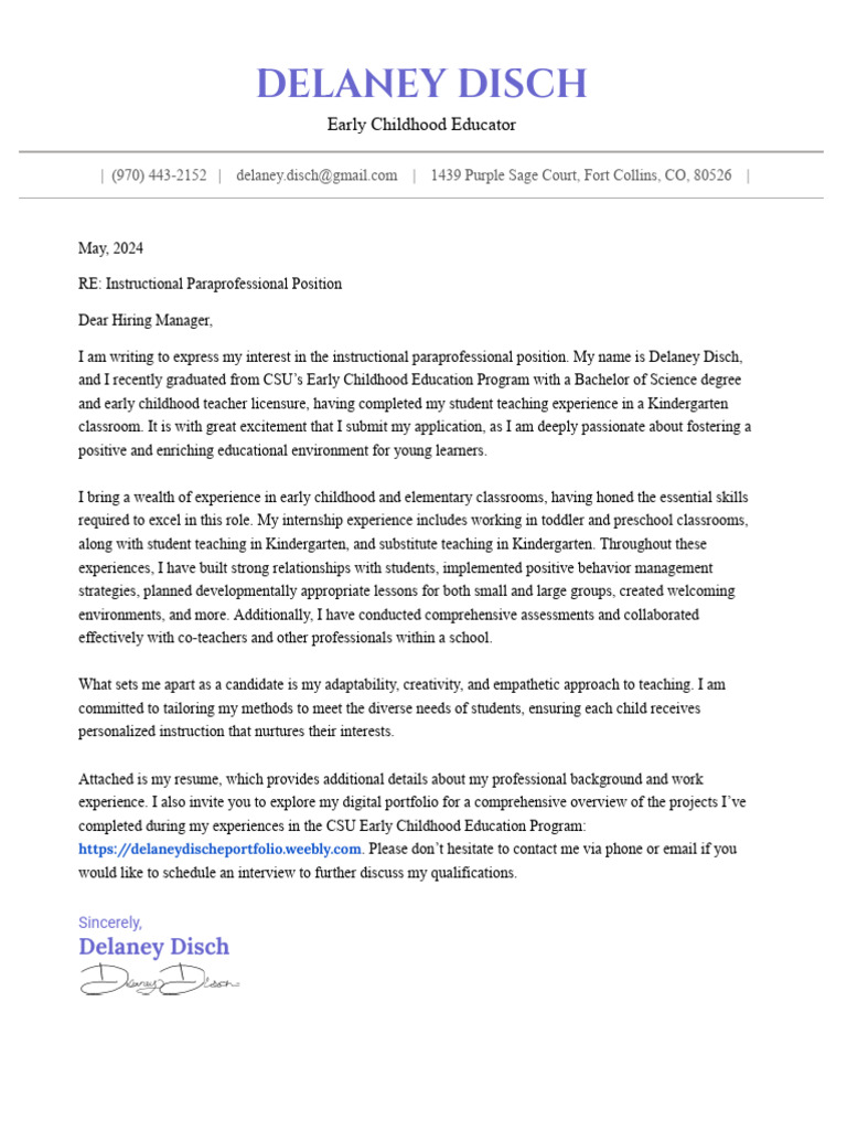 Paraprofessional Cover Letter - Delaney Disch | PDF | Self-Improvement