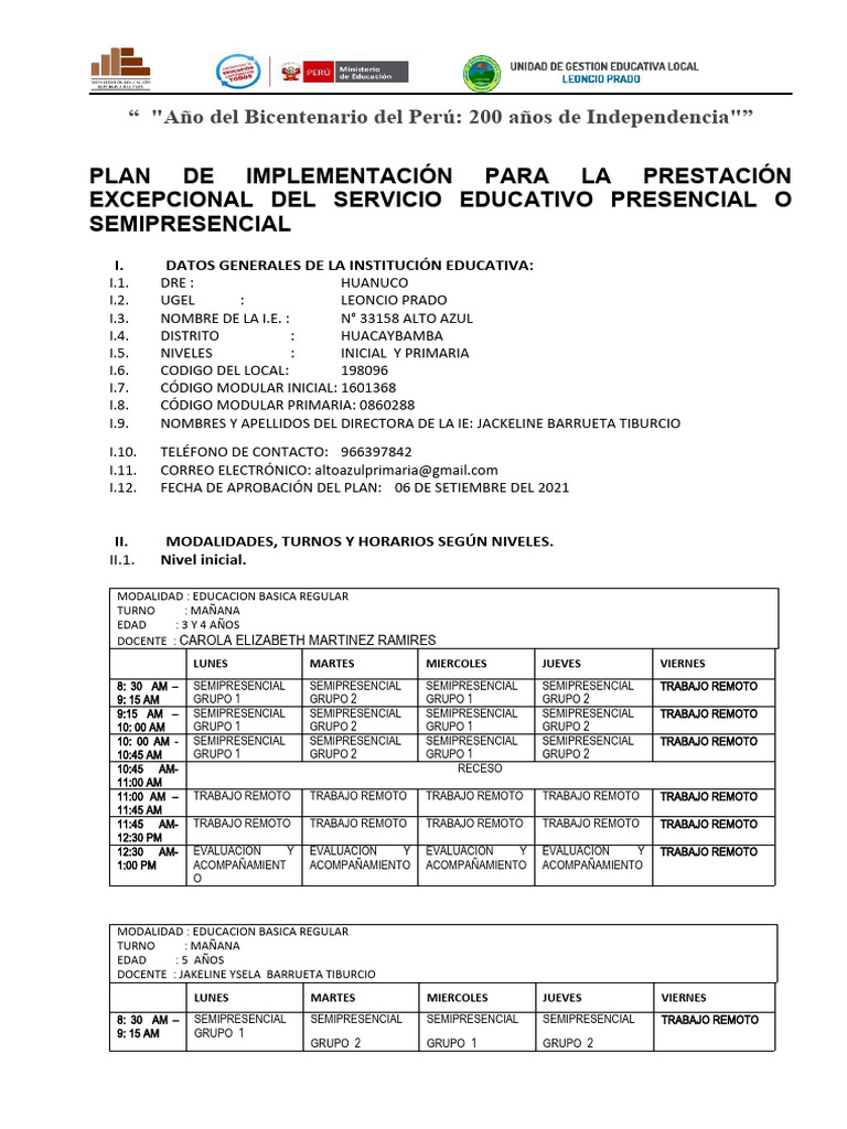 Plan Educación Semipresencial IE Alto Azul | PDF | Perú | Familia