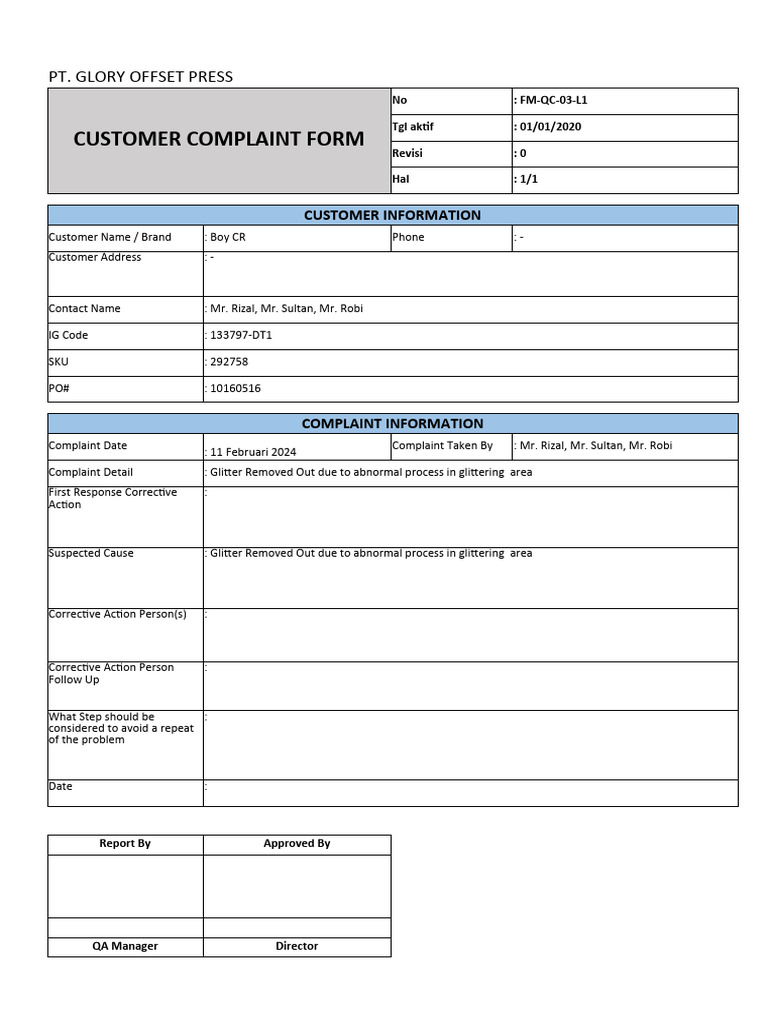 Customer Complaint FORM | PDF