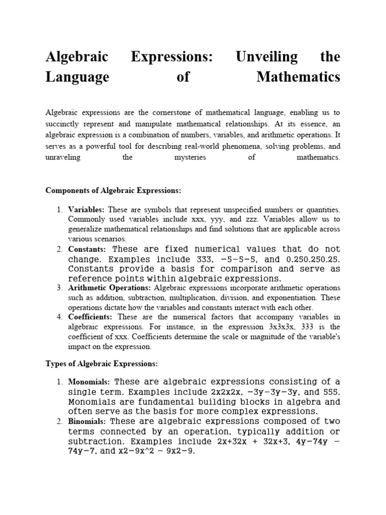Algebraic Expressions - Unveiling The Language of Mathematics | PDF ...