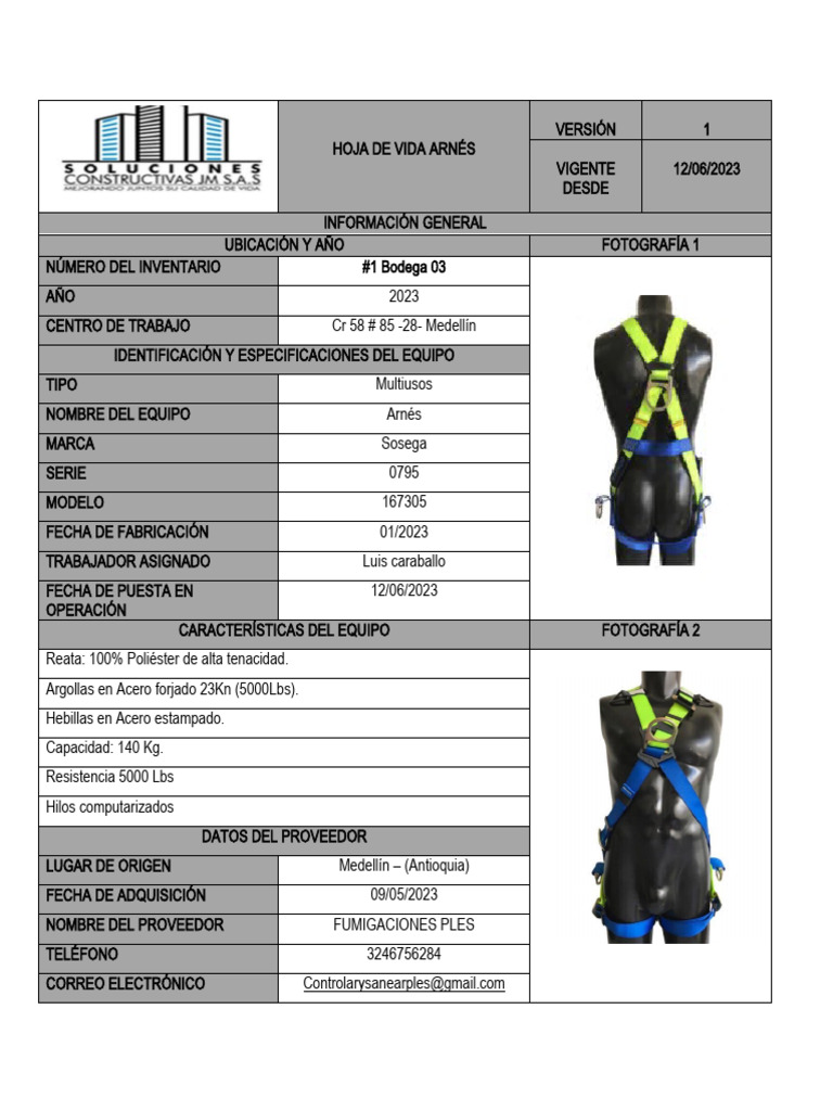 Hoja de Vida del Arnés Sosega 2023 | PDF