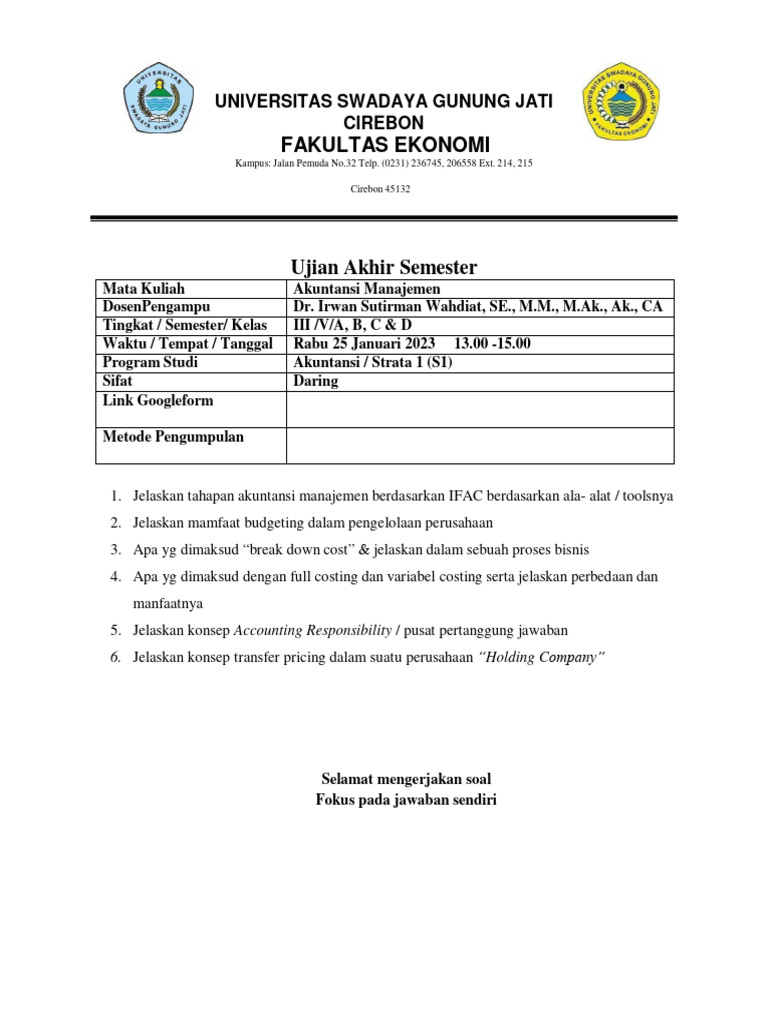 Soal Uas Akuntansi Manajeen Januari 2023 | PDF