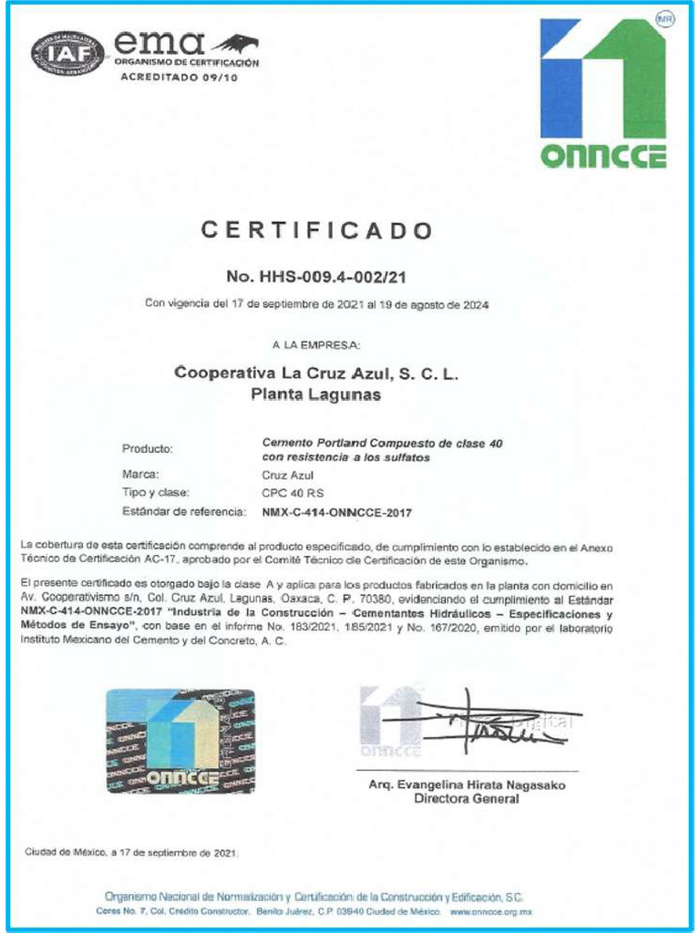 Certificado Calidad Cemento Cruz Azul N-HHS-009 | PDF