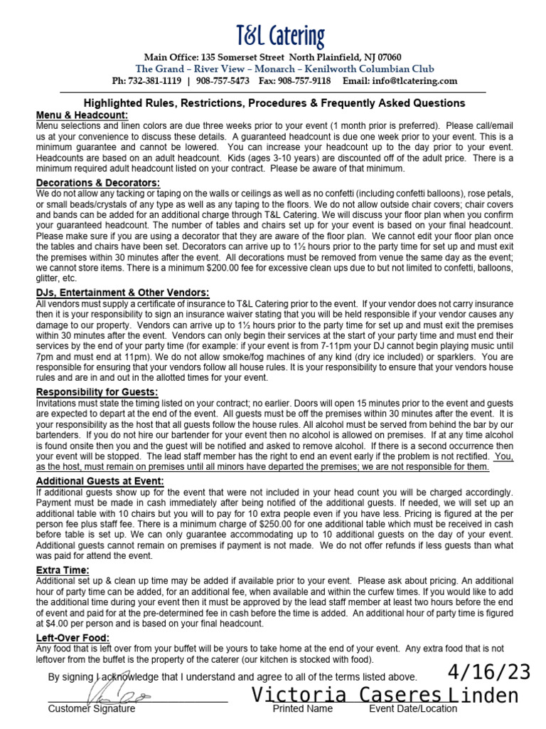 T&L Catering Event Guidelines & Policies | PDF | Fee