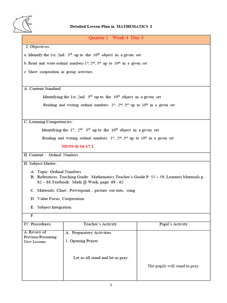 Detailed Lesson in Math 1 Ordinal Numbers | PDF | Differentiated ...