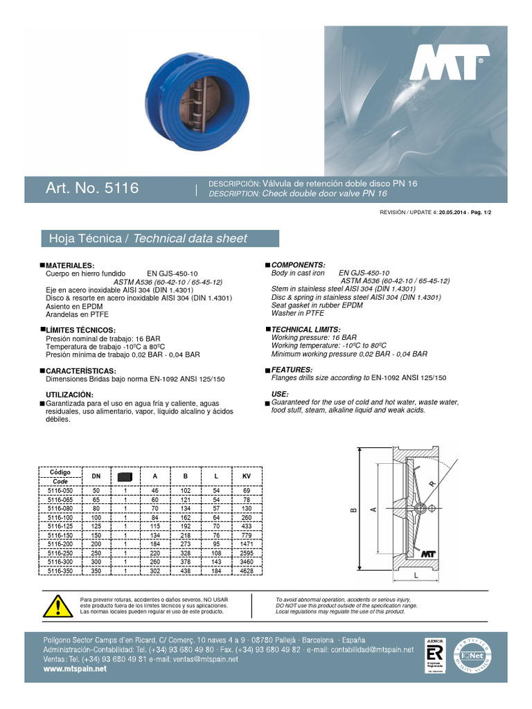 Ficha Tecnica Valvula Duo Check (Oblea) | PDF | Metales de transición ...