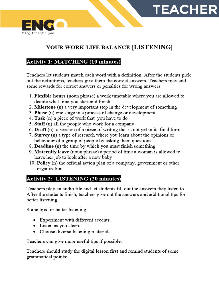 Your Work-Life Balance - LISTENING - TEACHER - S NOTES | PDF | Word ...