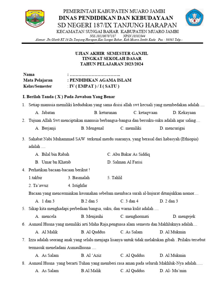 Ujian PAI SD Kelas IV Semester Ganjil | PDF