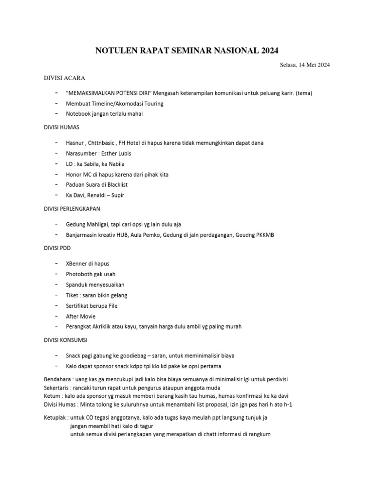 Notulen Rapat Seminar Nasional 2024 | PDF