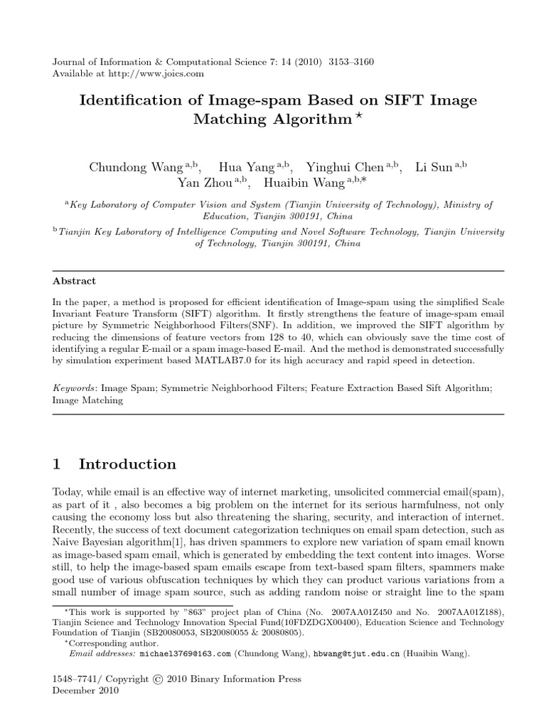 Identification of Image-Spam Based On SIFT Image Matching Algorithm | PDF | Email Spam