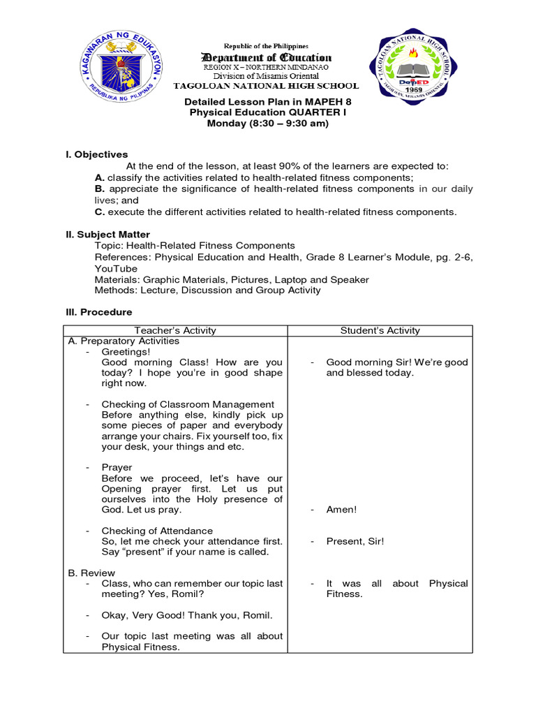 DETAILED LESSON PLAN IN PE 8 (Health Related Fitness Components) | PDF ...