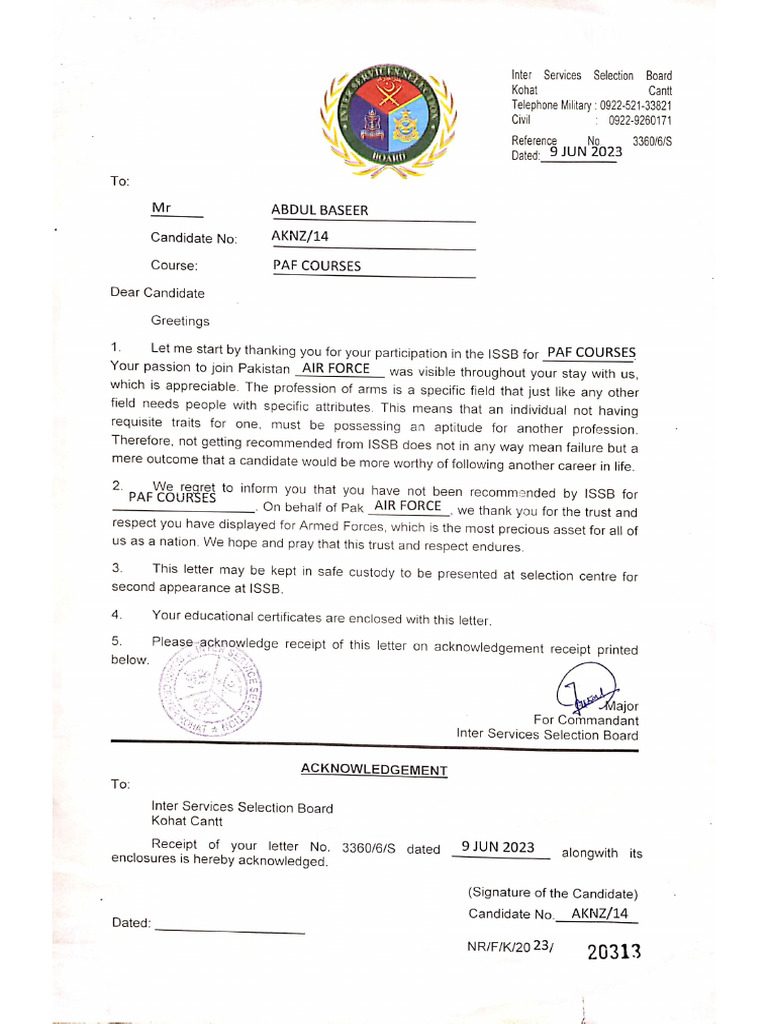 Air Force Rejection Certificate | PDF