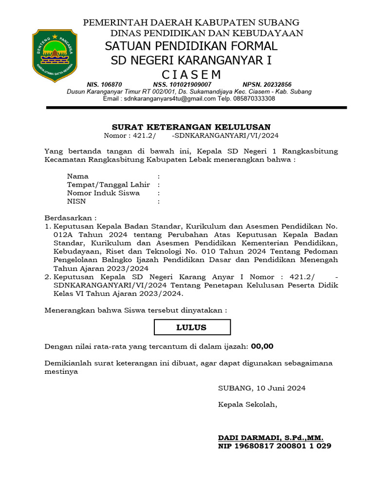 Surat Keterangan Lulus SD 2024 | PDF